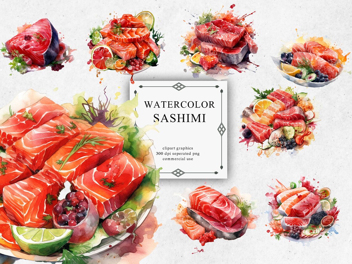8 Sashimi Clipart Set in Transparent PNG Sashimi Watercolor Digital ...