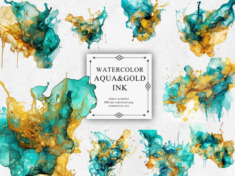 10 Watercolor Aqua Gold Splash Clipart - Digital PNG Aqua Gold Splash ...
