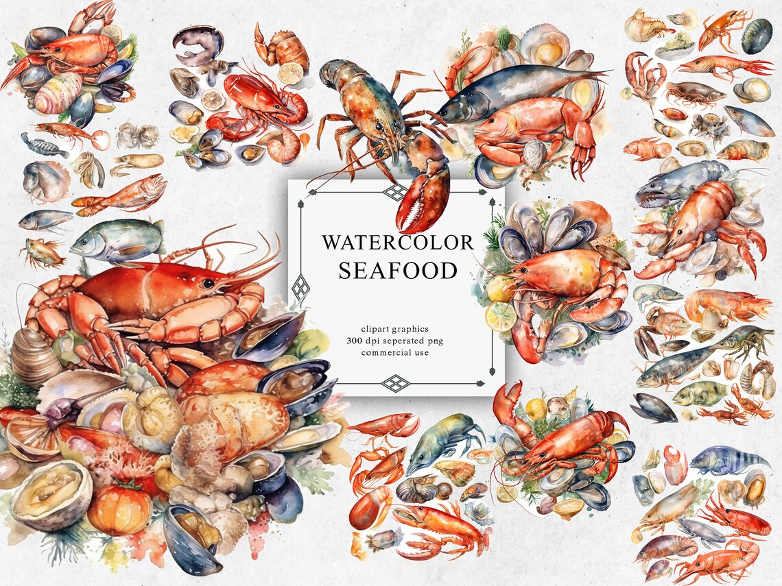 20 Seafood Clipart Set in Transparent PNG - Seafood Watercolor Digital ...
