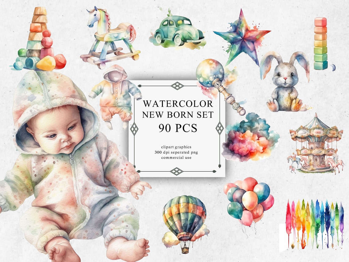 94 Pieces Baby Newborn Clipart Set in Transparent PNG -watercolor MEGA ...