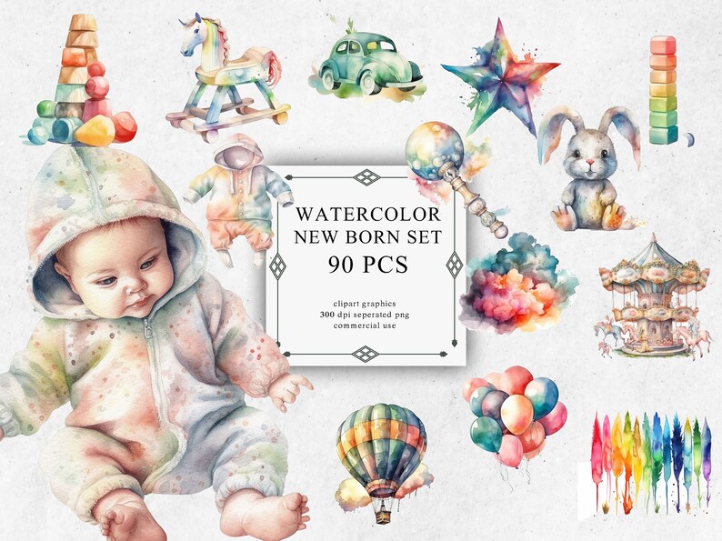 94 Pieces Baby Newborn Clipart Set in Transparent PNG -watercolor MEGA ...