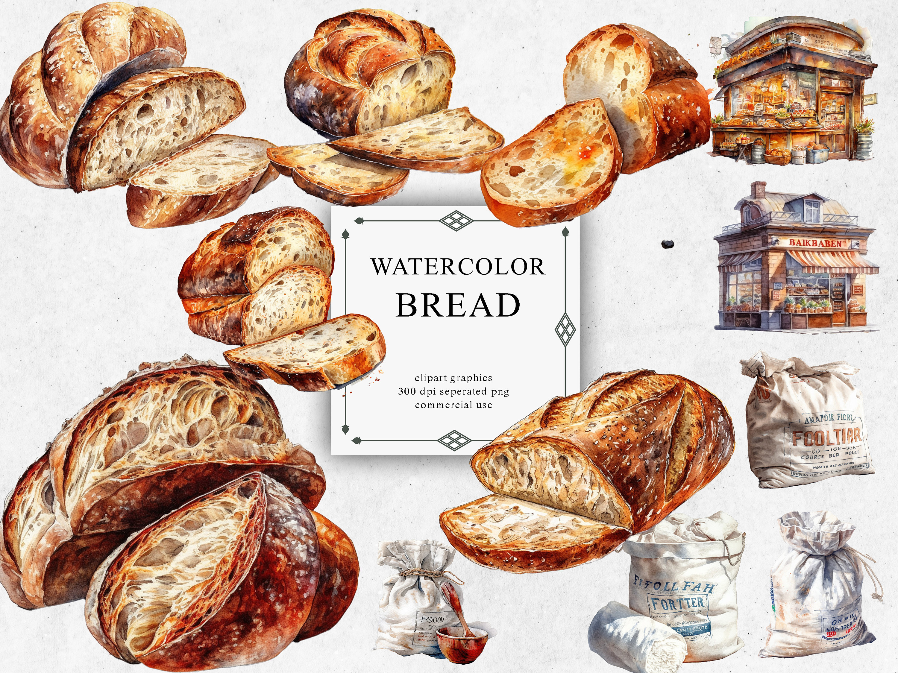 12 Watercolor Bread Clipart - Digital PNG Bread, Bread Bread, Bread ...