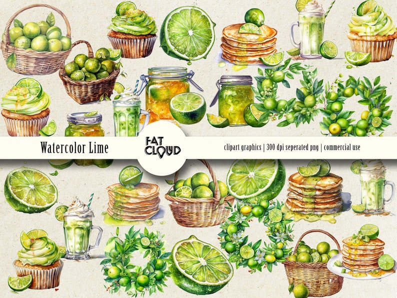27 Watercolor Lime Clipart - Digital PNG Lime Jar, Lime Pancake, Lime ...