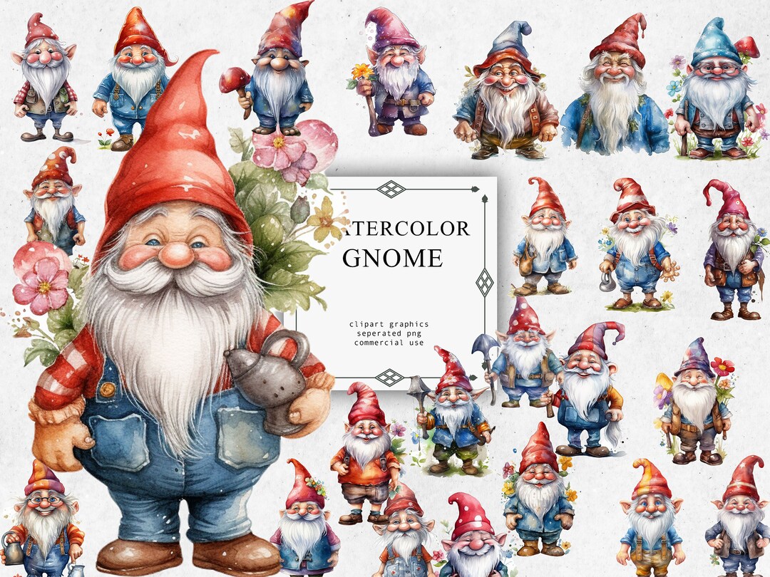 Gnome Clipart Set in Transparent PNG - Gnome Watercolor Digital Image ...