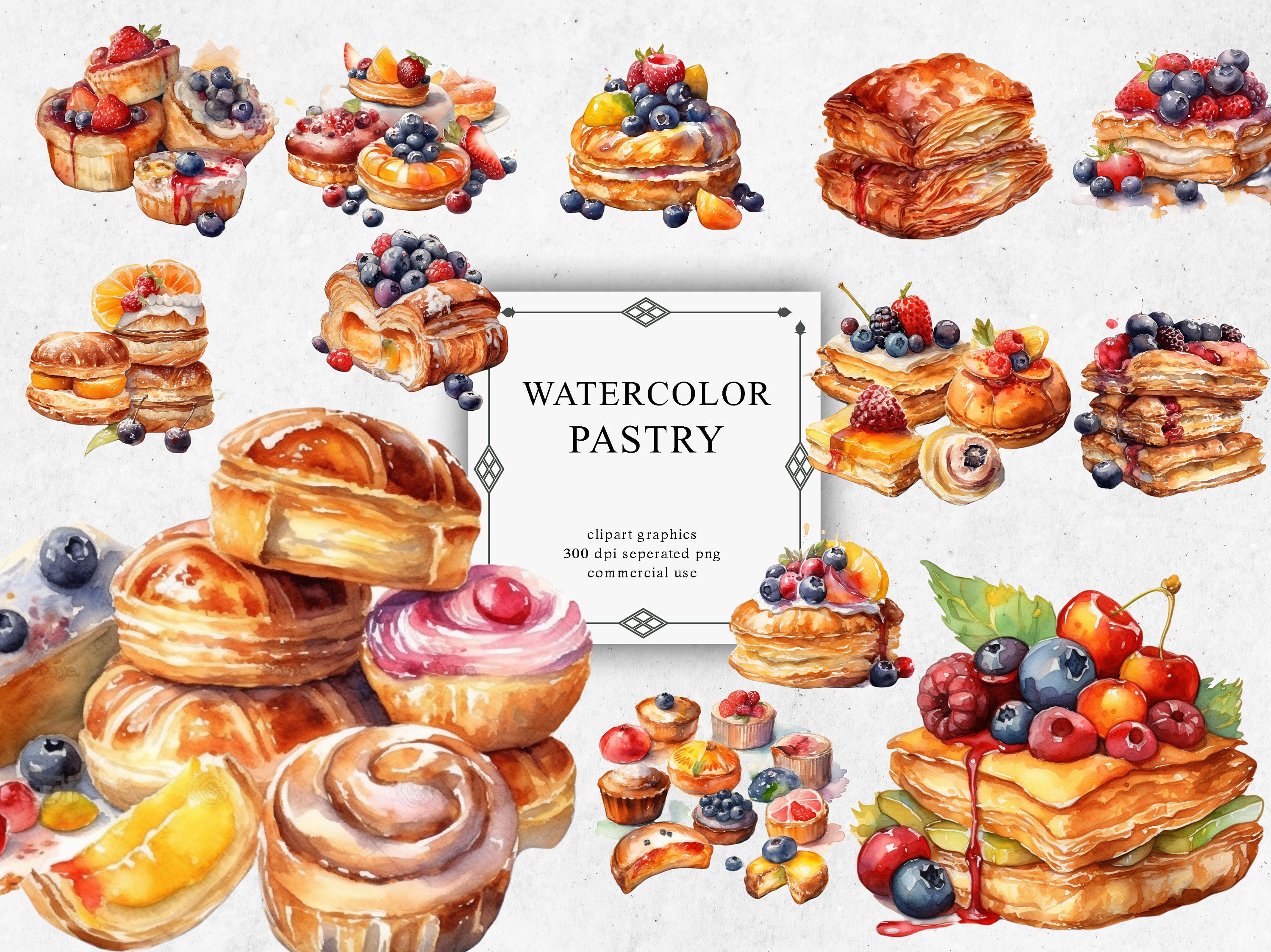 20 Pastry Clipart Set in Transparent PNG - Pastry Watercolor Digital ...