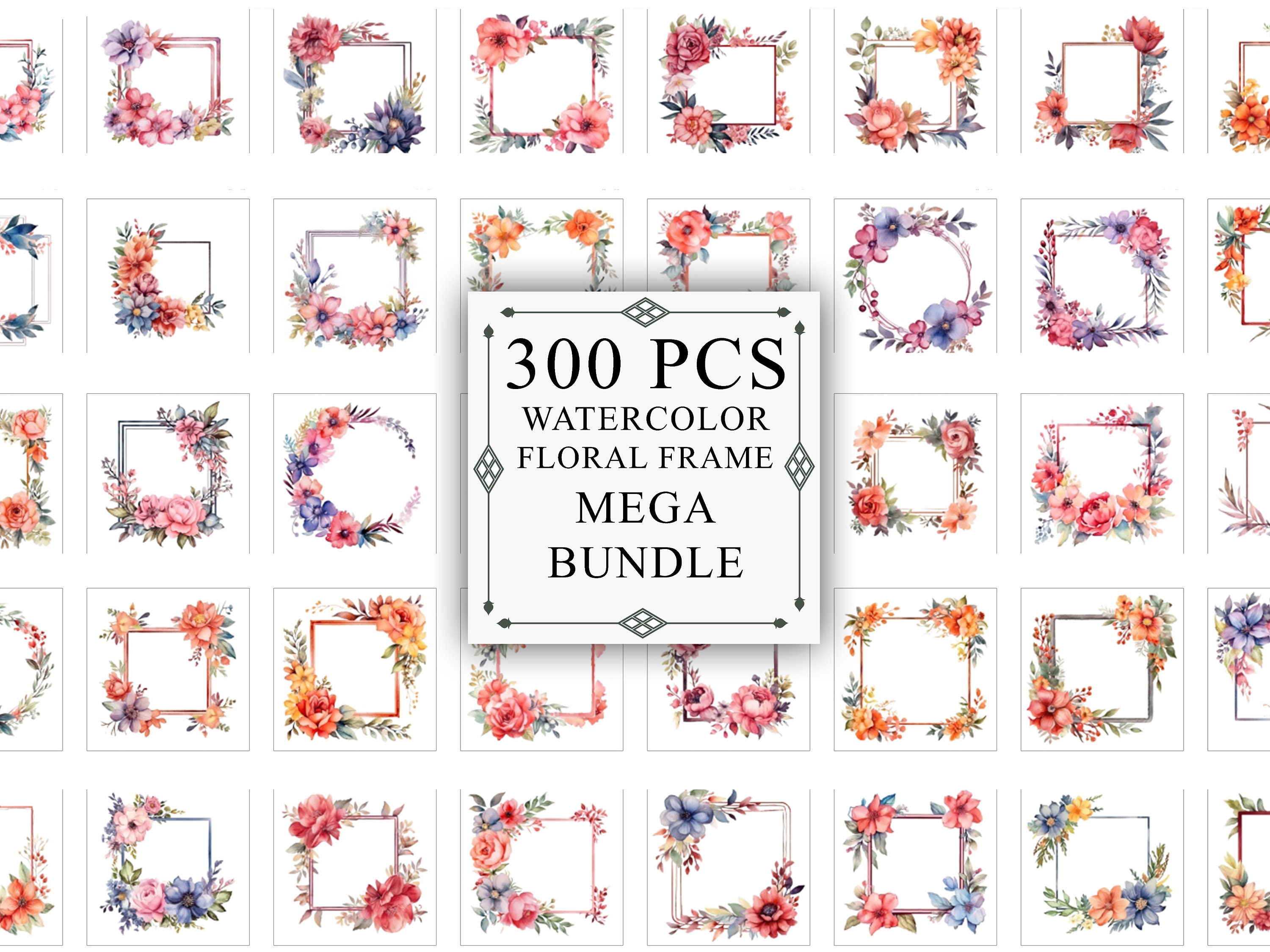 300 Floral Frames Clipart Set in JPG White Background - Super Quality ...
