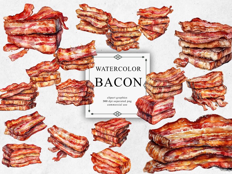 20 Bacon Clipart Set in Transparent PNG - Bacon Watercolor Digital ...