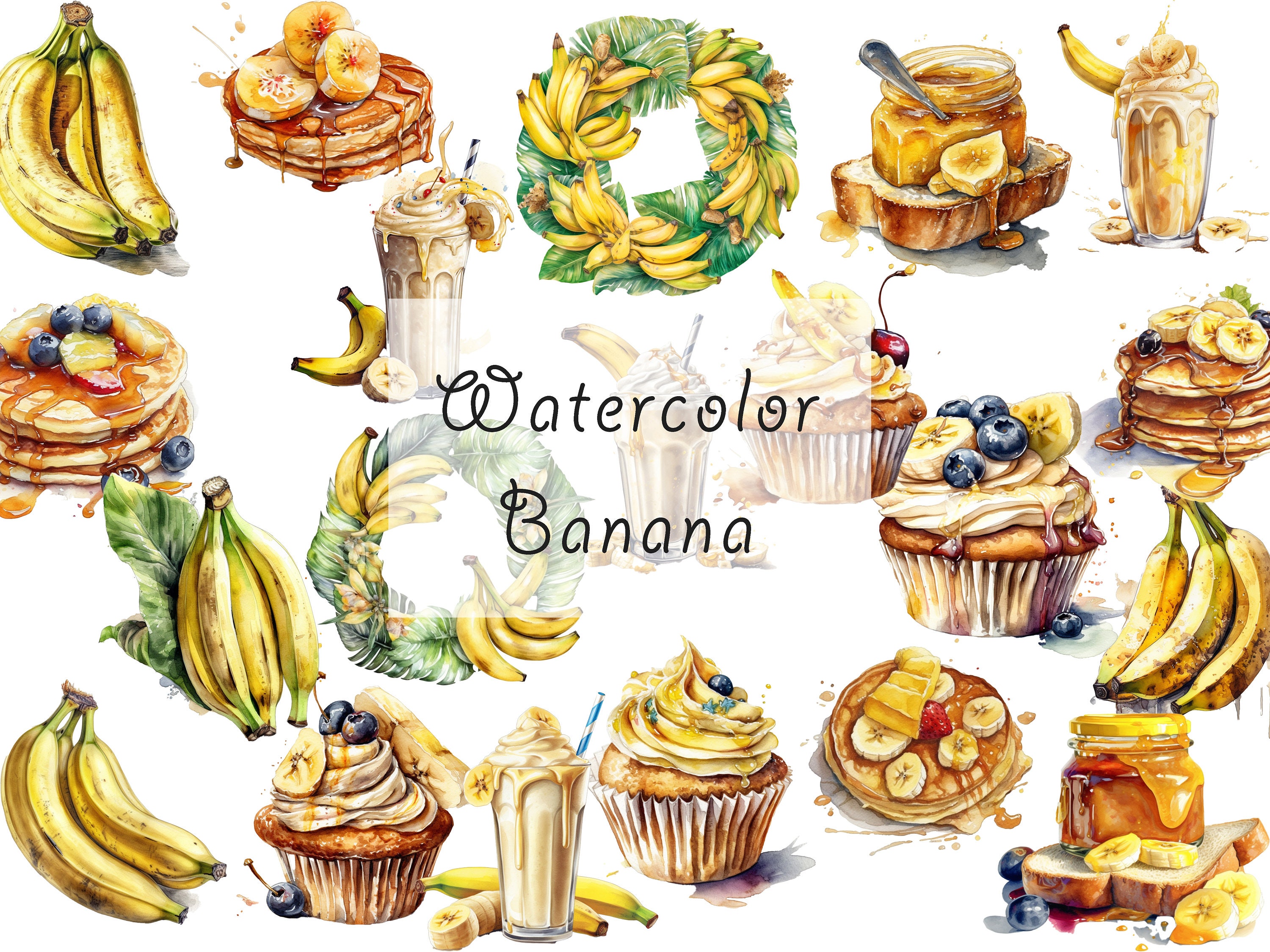 Watercolor Banana Clipart - Digital PNG Banana Jar, Banana Pancake ...