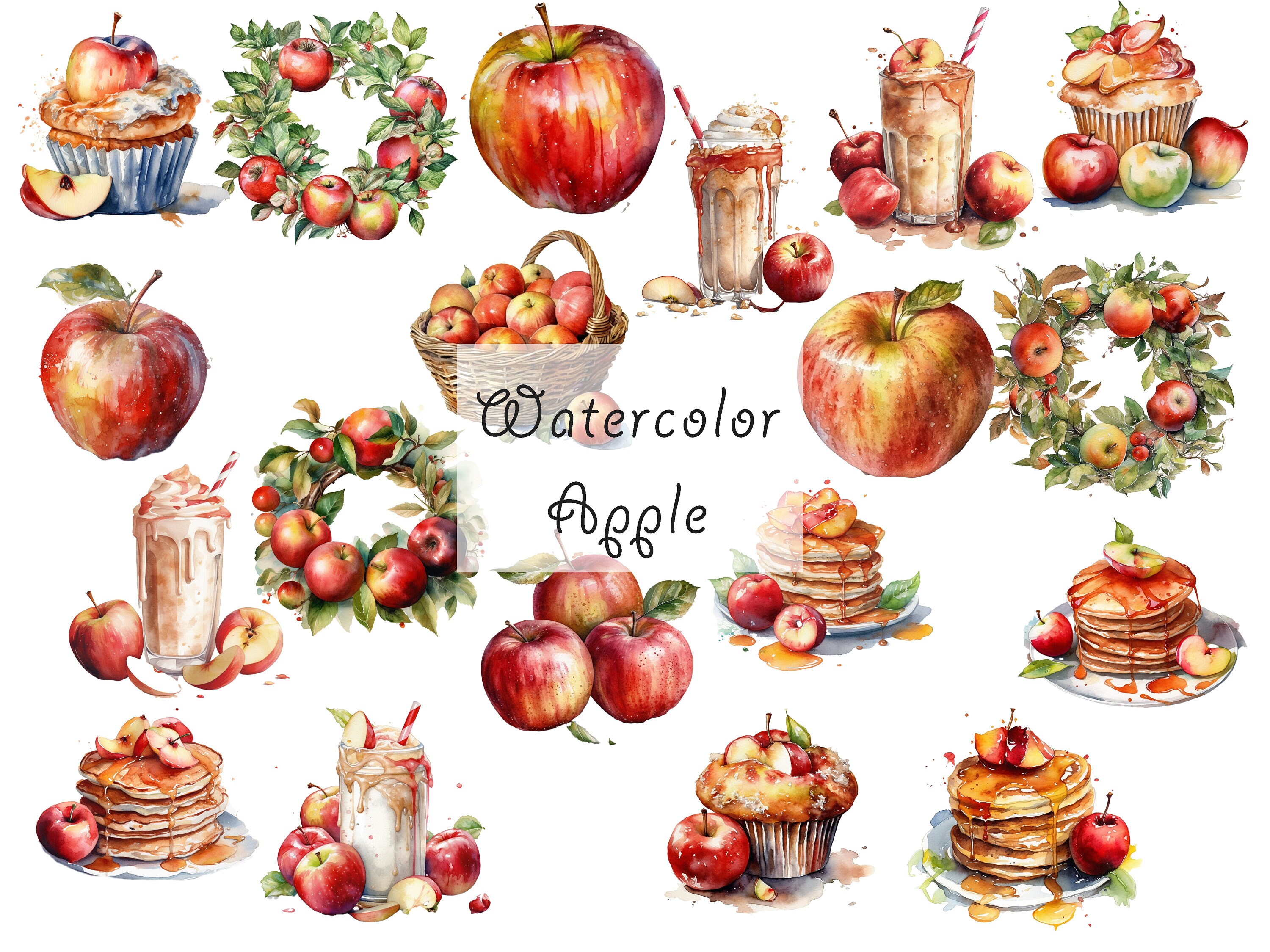 Watercolor Apple Clipart - Digital PNG Apple Jar, Apple Pancake, Apple ...