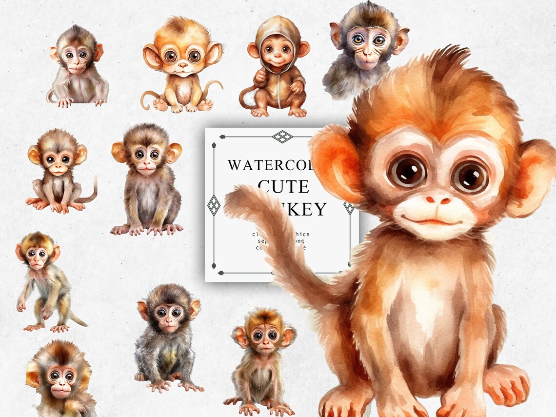 Baby Monkey Clipart Set in Transparent PNG - Baby Monkey Watercolor ...