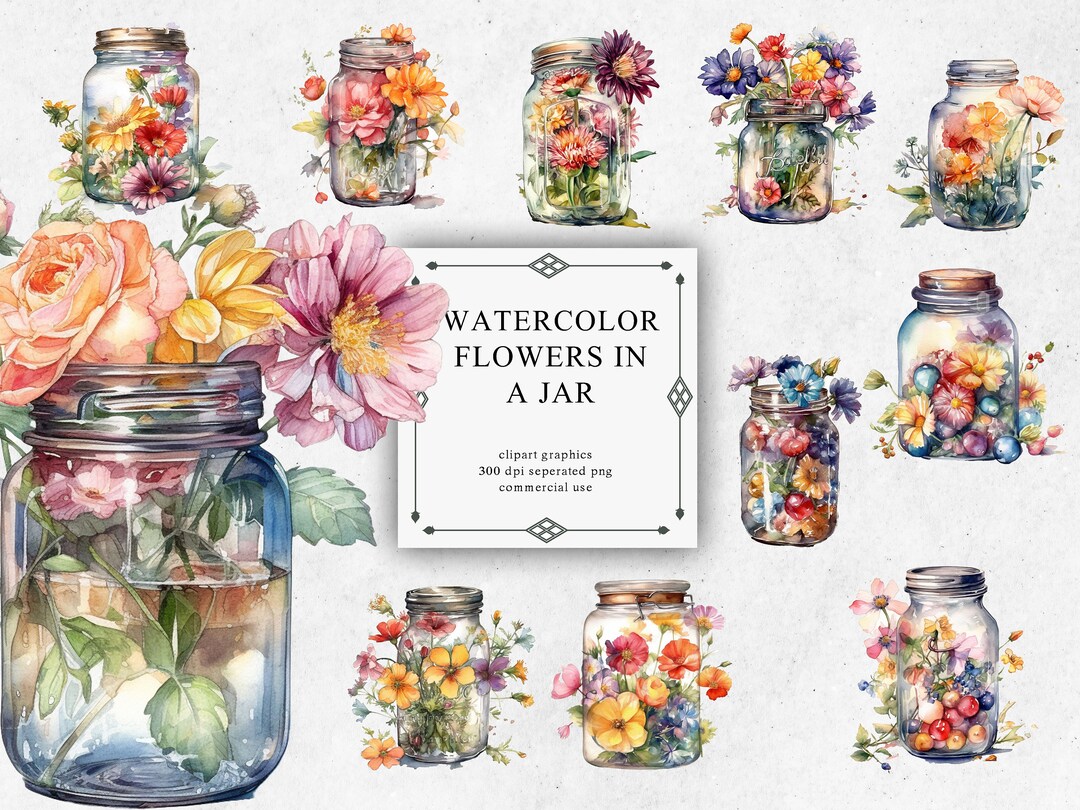 16 Watercolor Flowers in Jar Clipart - Digital PNG Flower in Jar ...