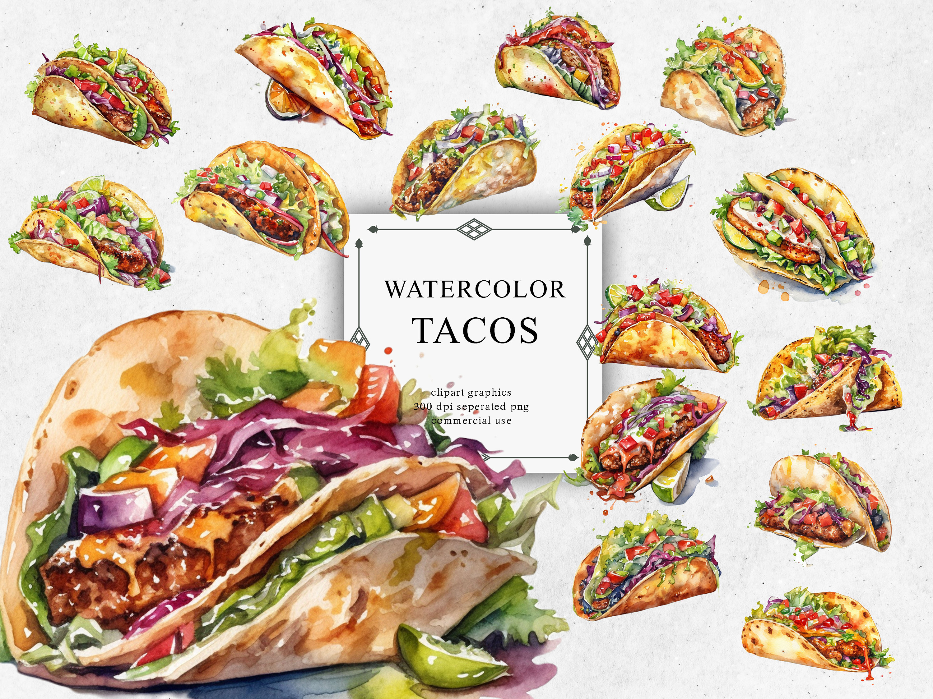 20 Taco Clipart Set in Transparent PNG - Tacos Watercolor Digital Image ...