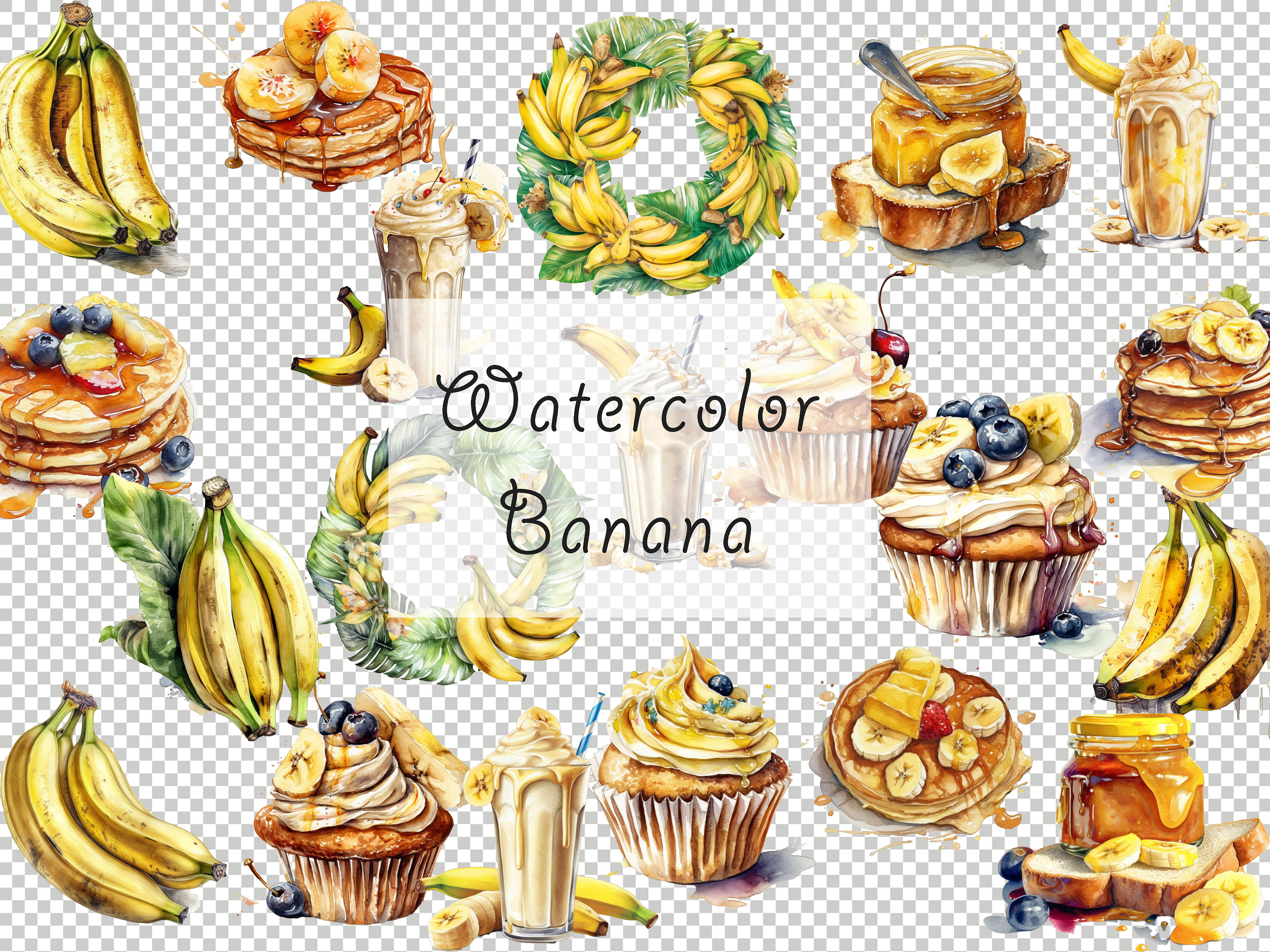 Watercolor Banana Clipart - Digital PNG Banana Jar, Banana Pancake ...
