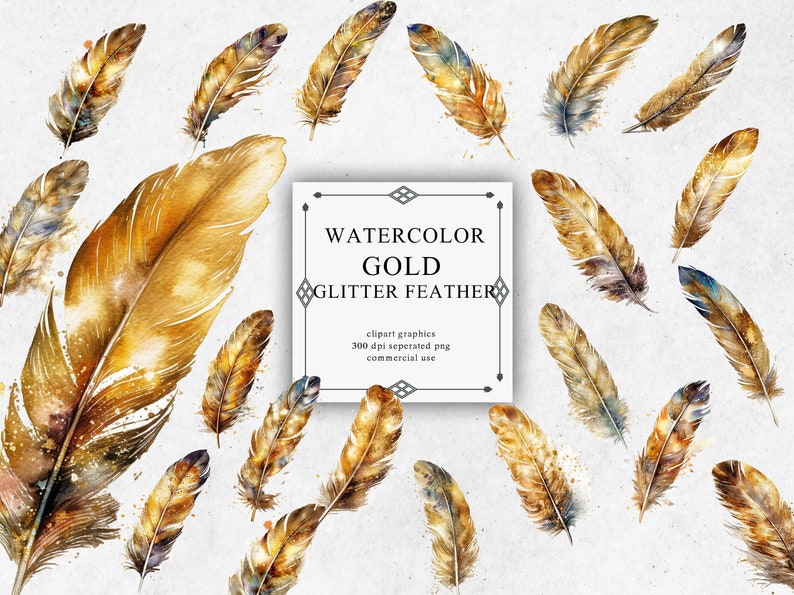22 Gold Feather Clipart Watercolor Bundle Png Graphics Images Pack ...