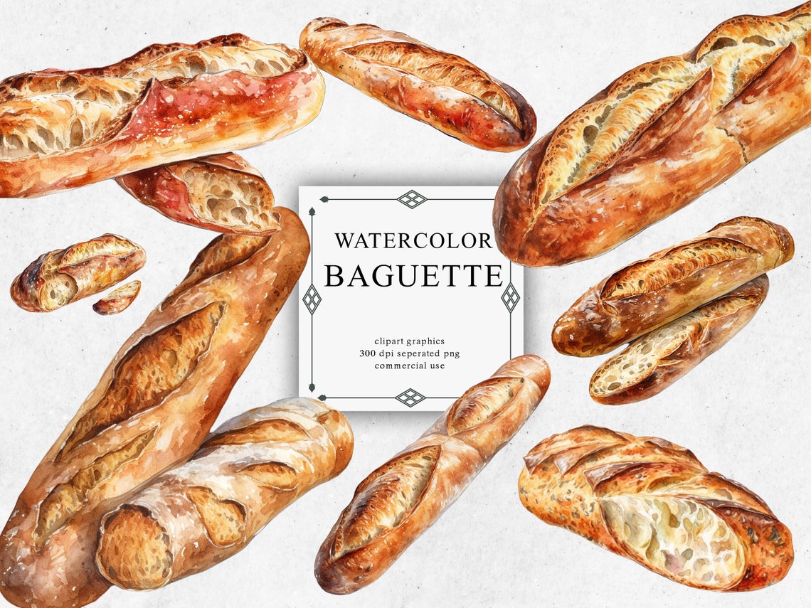 20 Baguette Clipart Set in Transparent PNG - Baguette Watercolor ...