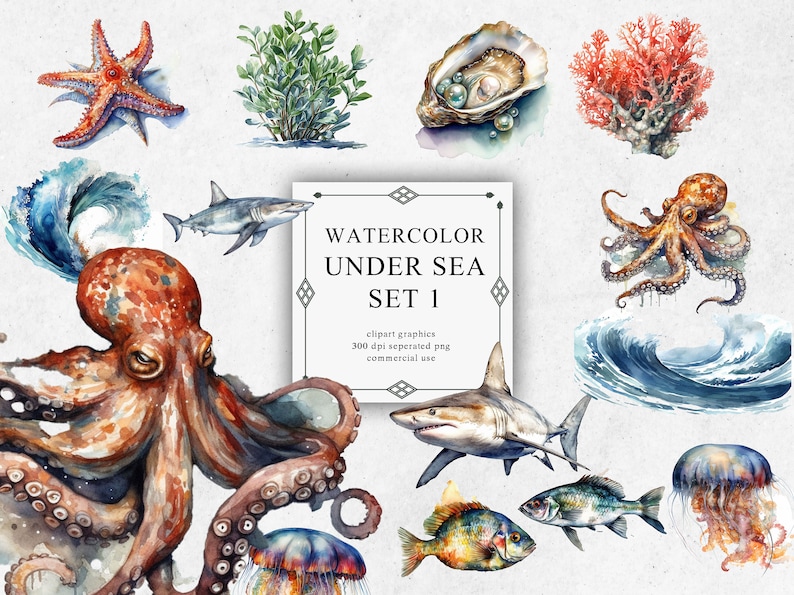 Watercolor Undersea Set 1 Fish Clipart - Digital PNG Ocean Set - Shell ...