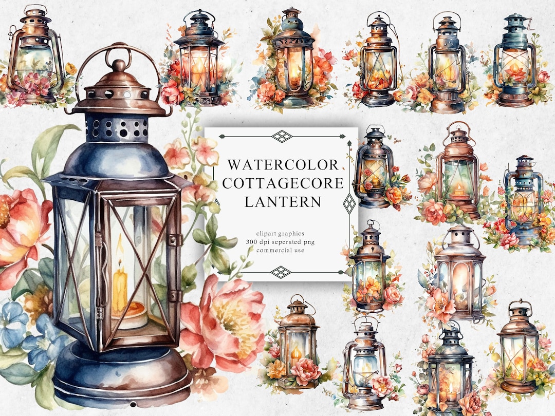 20 Cottagecore Lantern Clipart Watercolor Bundle Png Graphics Images ...