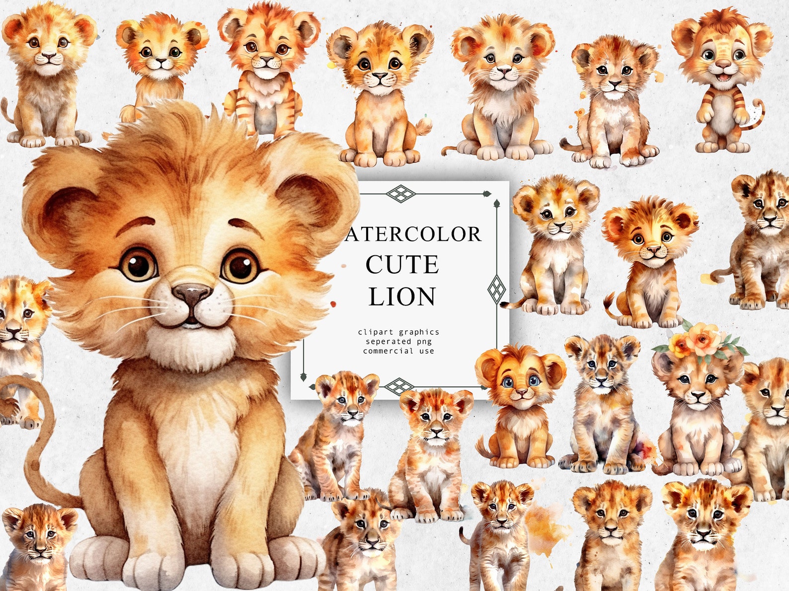 Cute Lion Clipart Set in Transparent PNG - Cute Lion Watercolor Digital ...