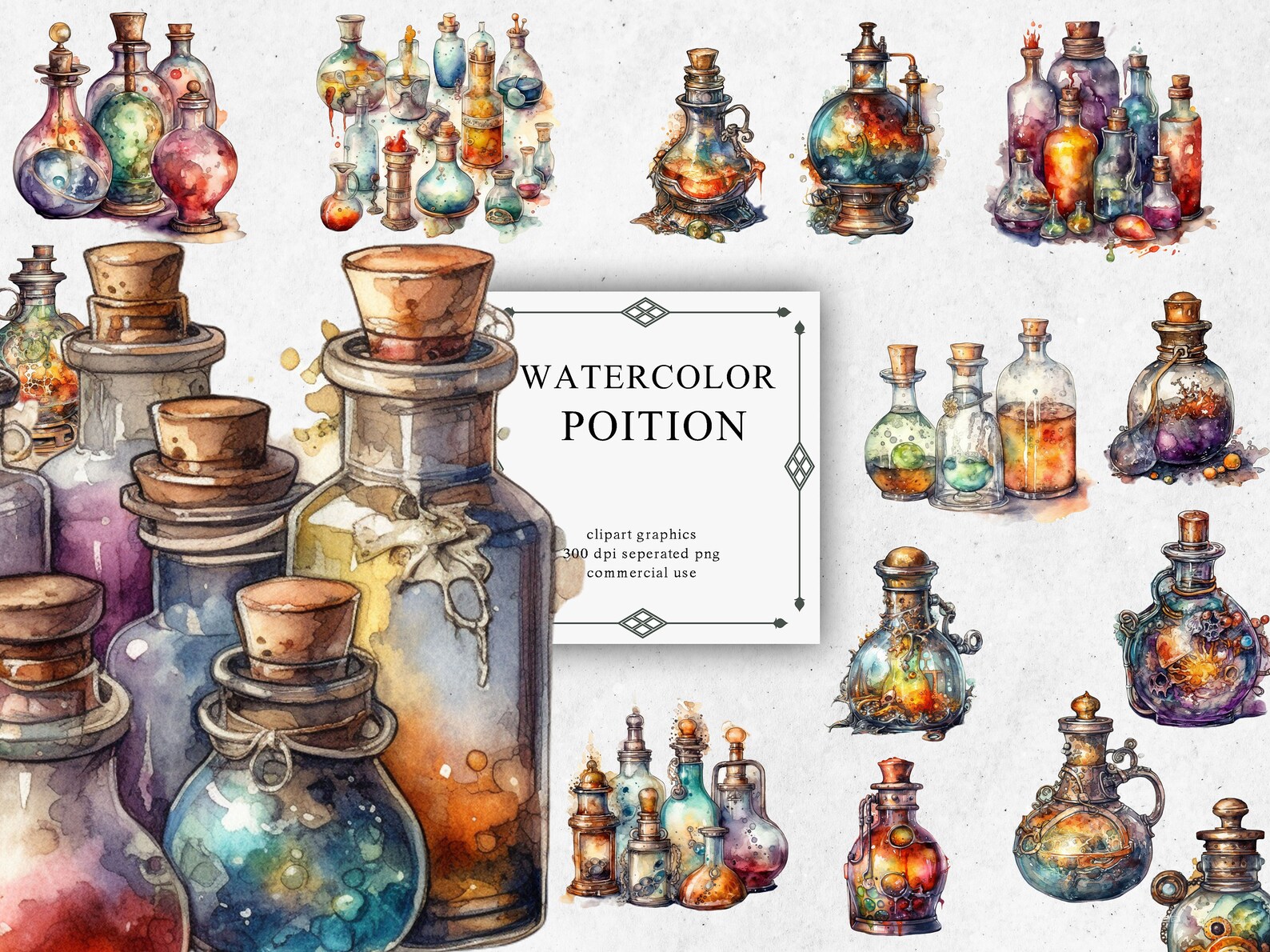 33 Steampunk Potions Clipart Set in Transparent PNG - Colorful Potions ...