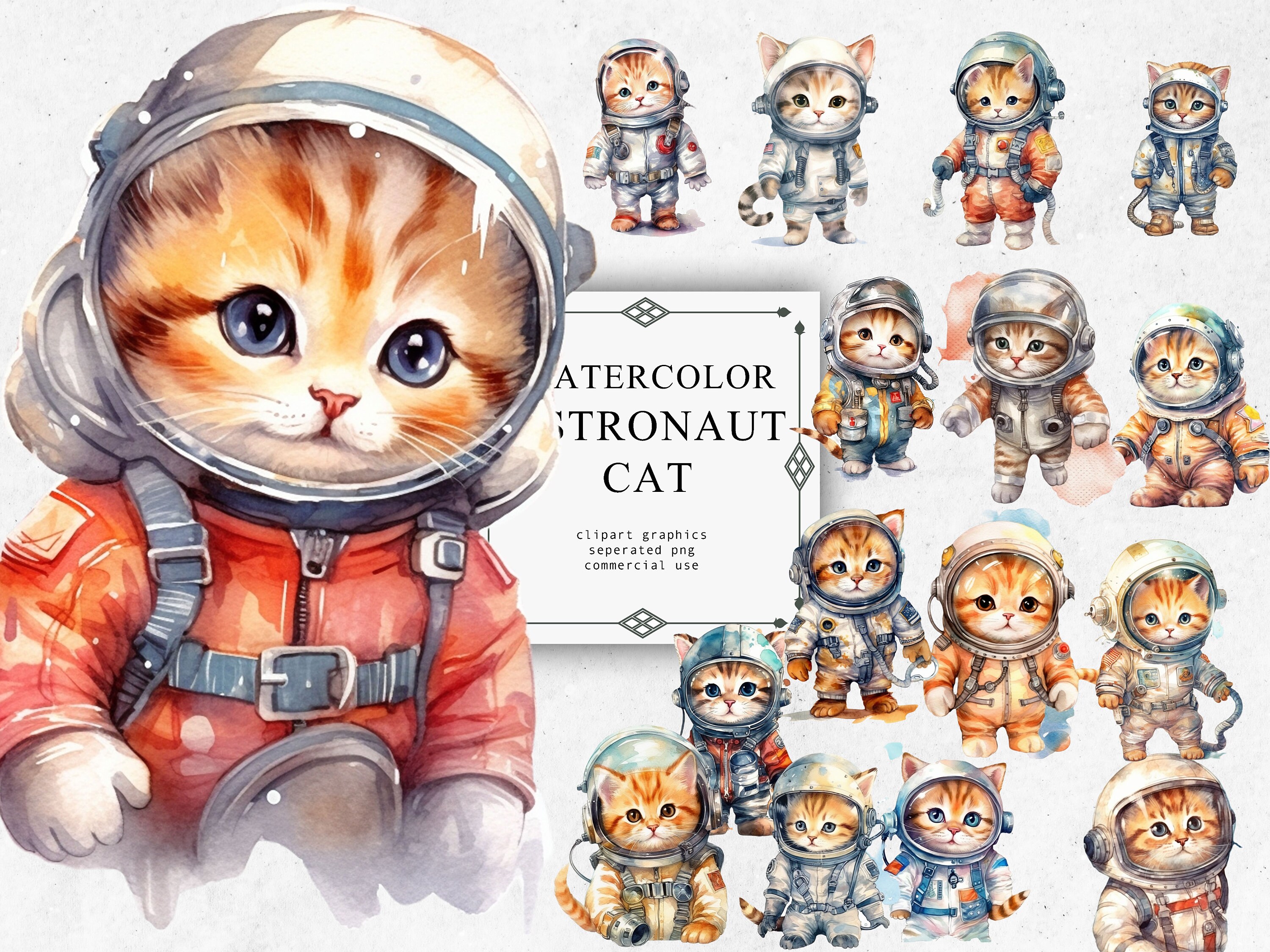 Astronaut Cat Clipart Set in Transparent PNG - Astronaut Cat Watercolor ...