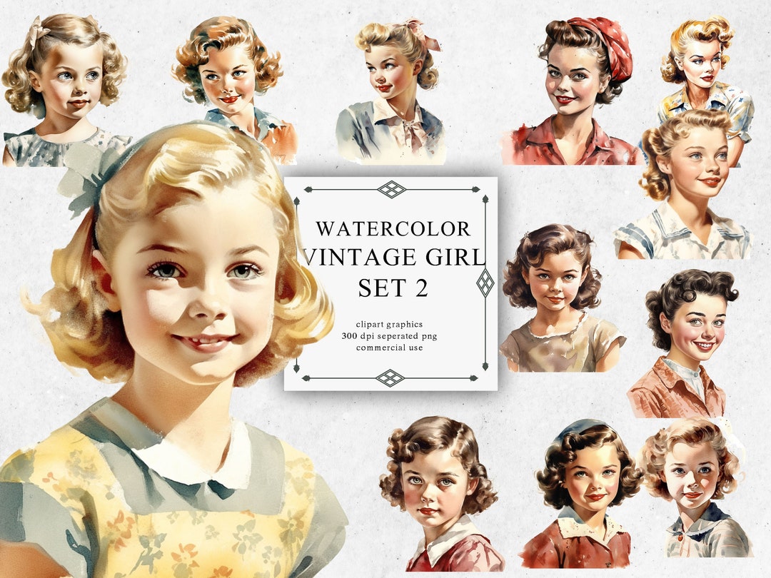 28 Watercolor Vintage Girl Clipart SET 2 - Digital PNG Vintage Girl ...