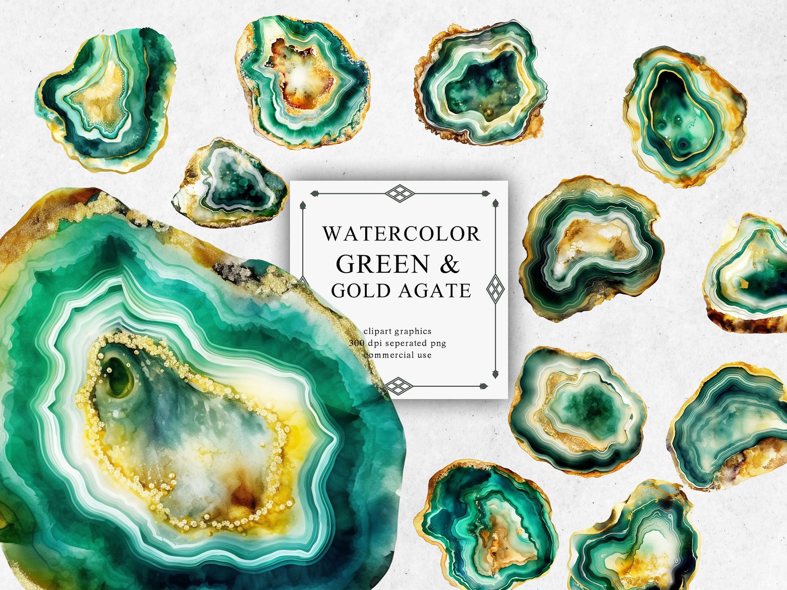 12 Gold Green Agate Clipart Watercolor Bundle Png Graphics Images Pack ...