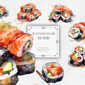 7 Sushi Clipart Set in Transparent PNG - Sushi Watercolor Digital Image ...