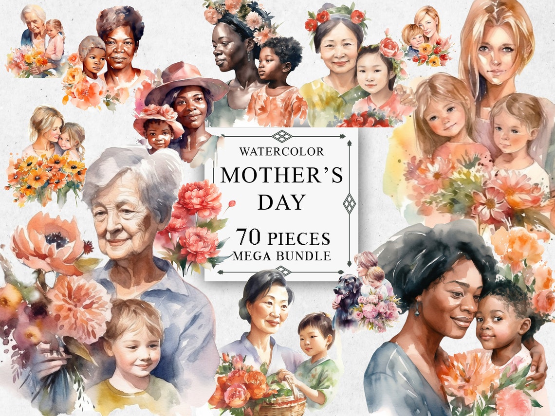 MEGA Bundle - 70 Mother's Day Clipart Watercolor Png Graphics Images ...