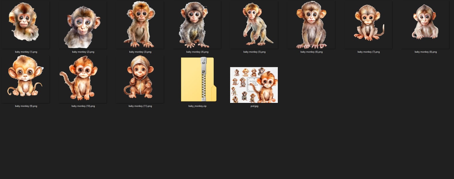 Baby Monkey Clipart Set in Transparent PNG - Baby Monkey Watercolor ...