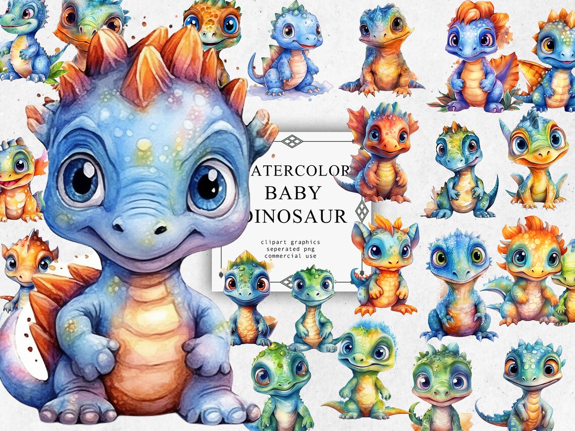 Baby Dinosaur Clipart Set in Transparent PNG - Baby Dinosaur Watercolor ...