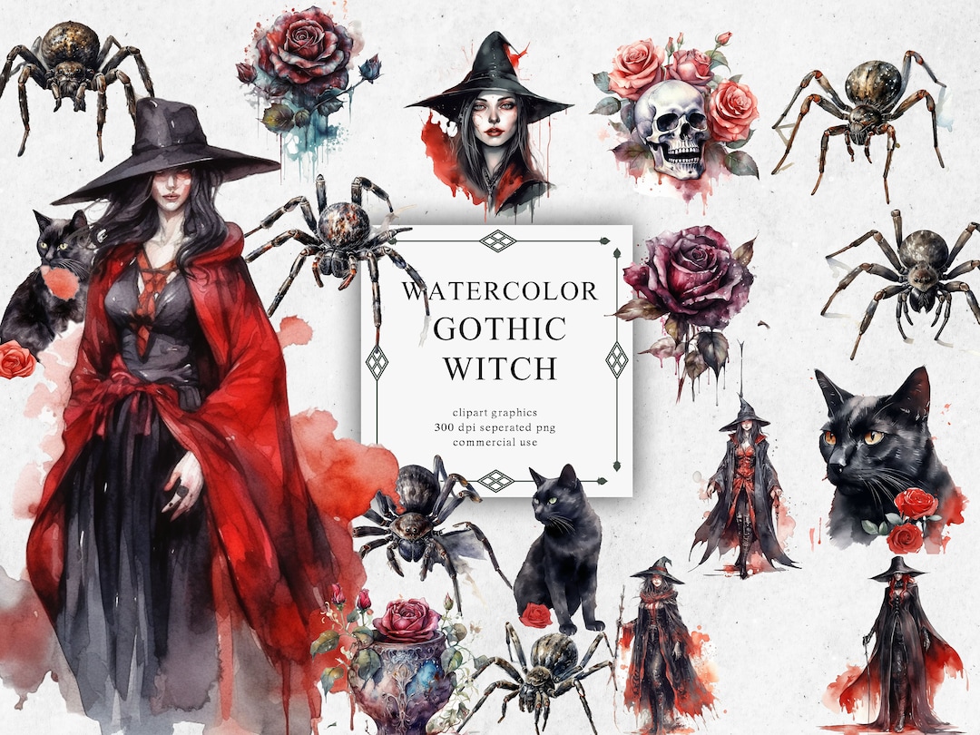 26 Gothic Witch Clipart Watercolor Bundle Png Graphics Images Pack ...