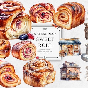 13 Watercolor Sweet Roll Clipart - Digital PNG Sweet Roll, Delicious ...