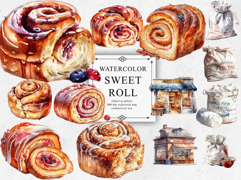 13 Watercolor Sweet Roll Clipart - Digital PNG Sweet Roll, Delicious ...