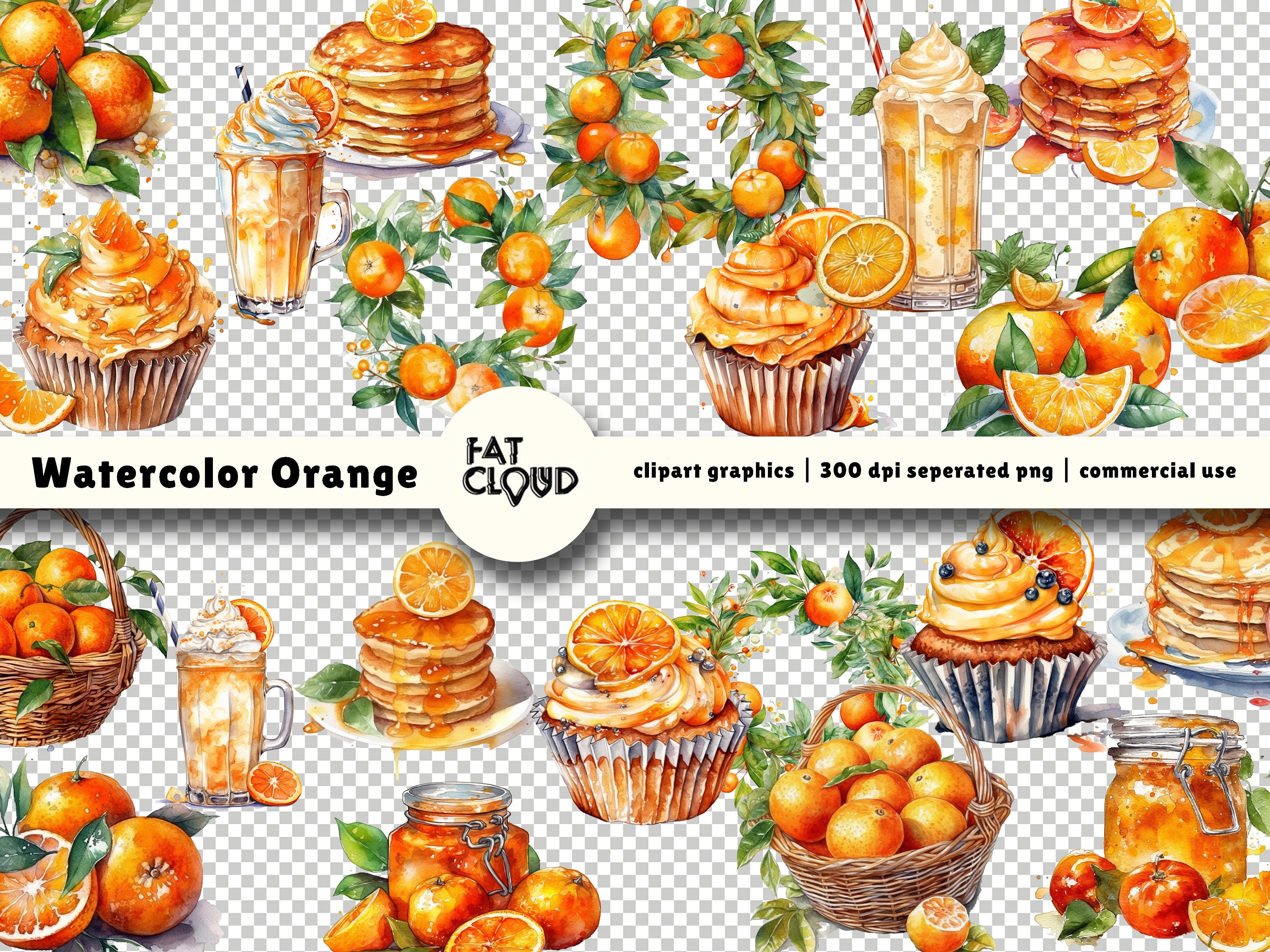 Watercolor Orange Clipart - Digital PNG Orange Jar, Orange Pancake ...