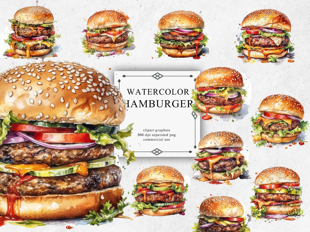 11 Watercolor Hamburger Clipart - Digital PNG Hamburger. Hamburger PNG ...
