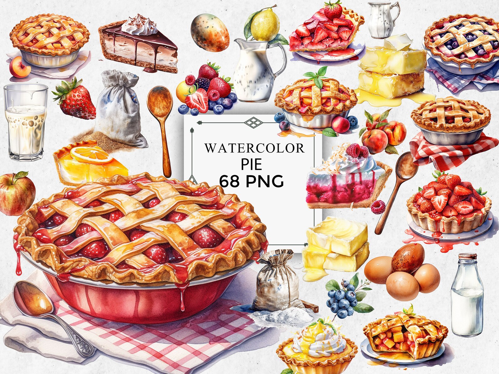 68 Pie Clipart Bundle in Transparent PNG - Pie Watercolor Digital Image ...