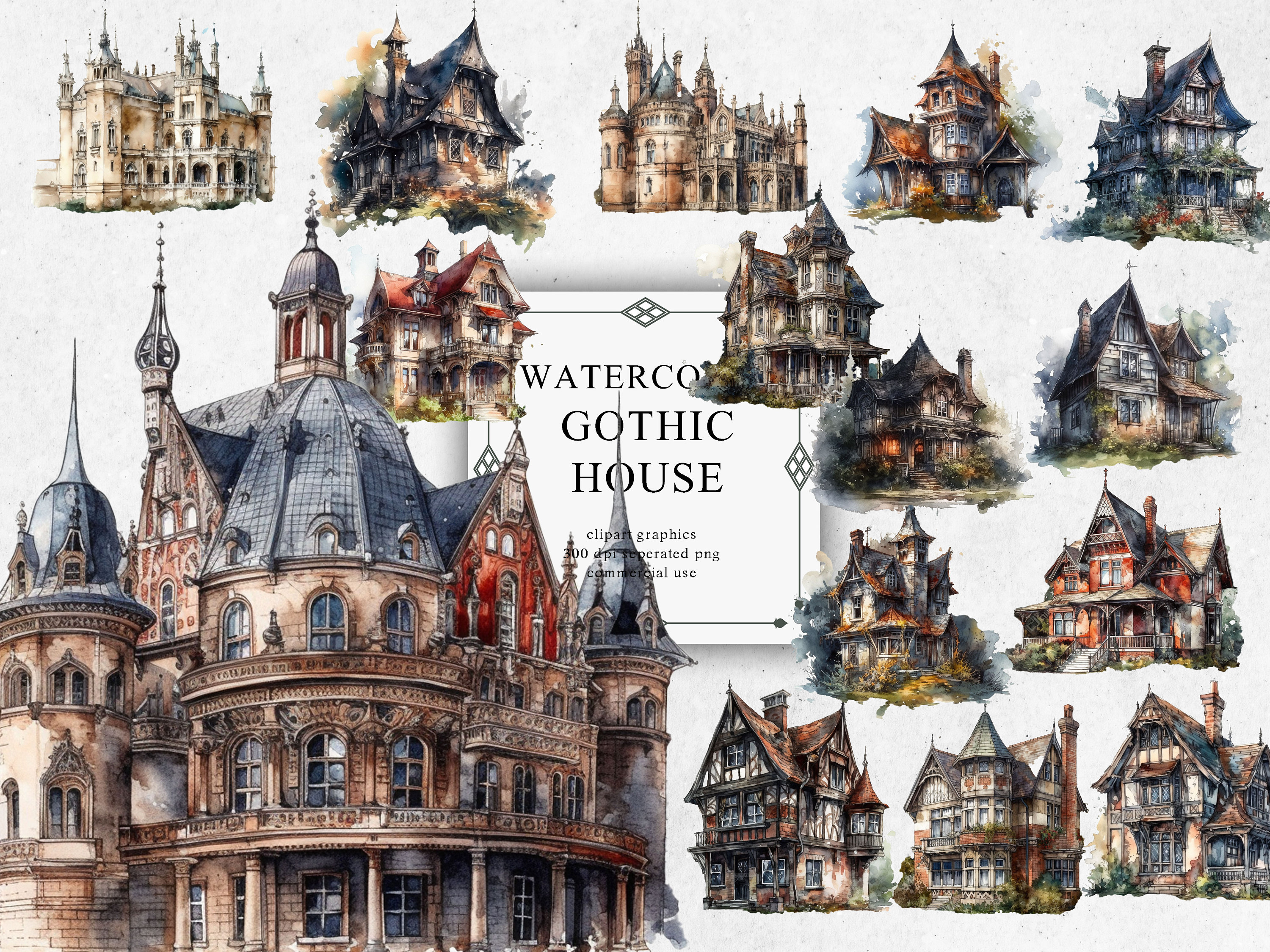 24 Gothic House Clipart Watercolor Bundle Png Graphics Images Pack ...