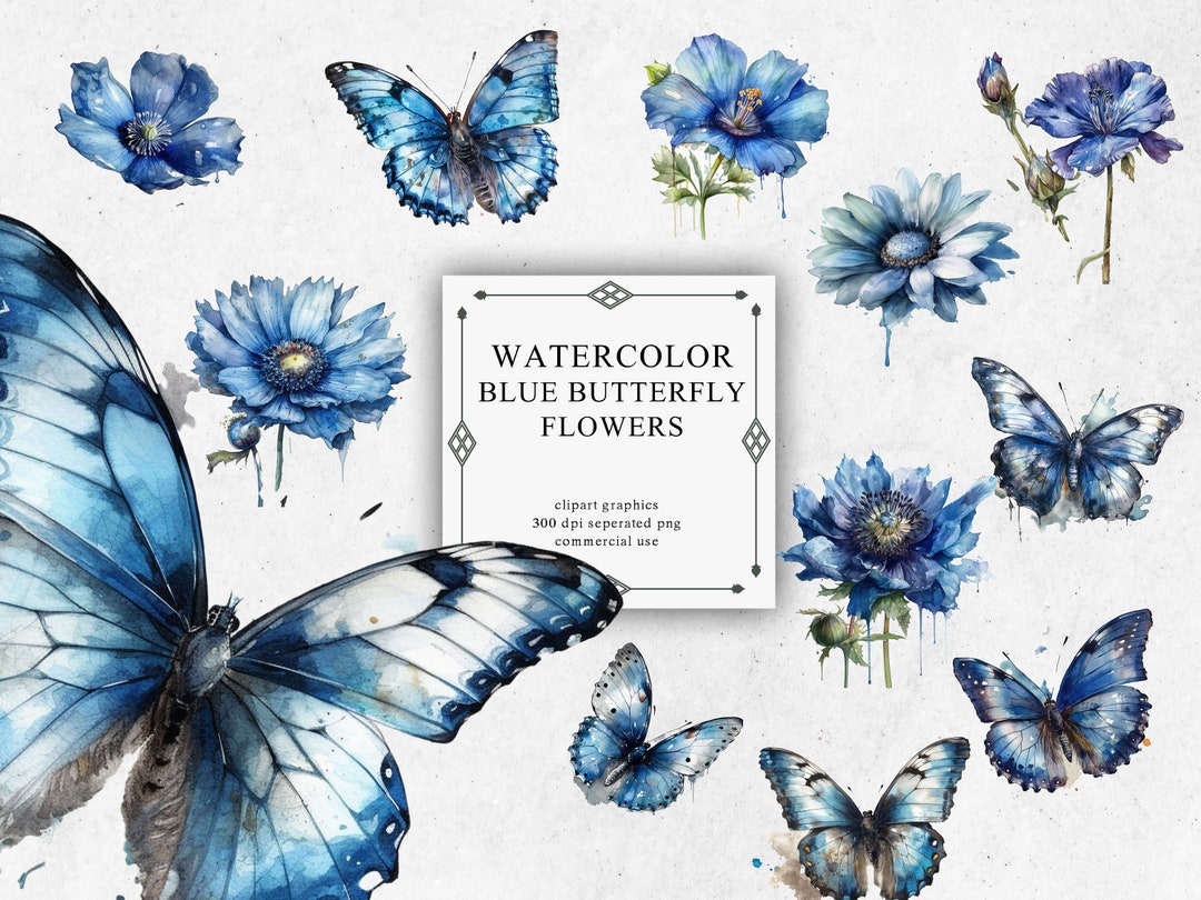18 Watercolor Blue Butterfly Flower Clipart - Digital PNG Blue ...