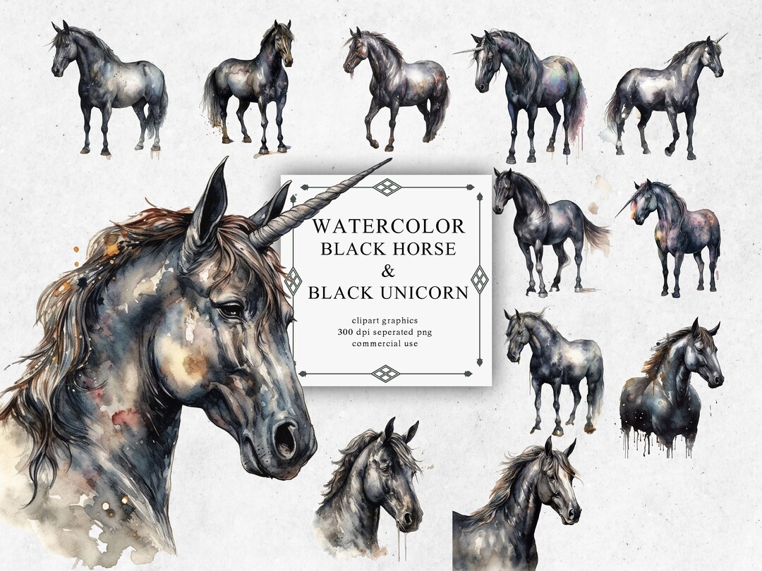 12 Black Unicorn Clipart Watercolor Bundle Png Graphics Images Pack ...