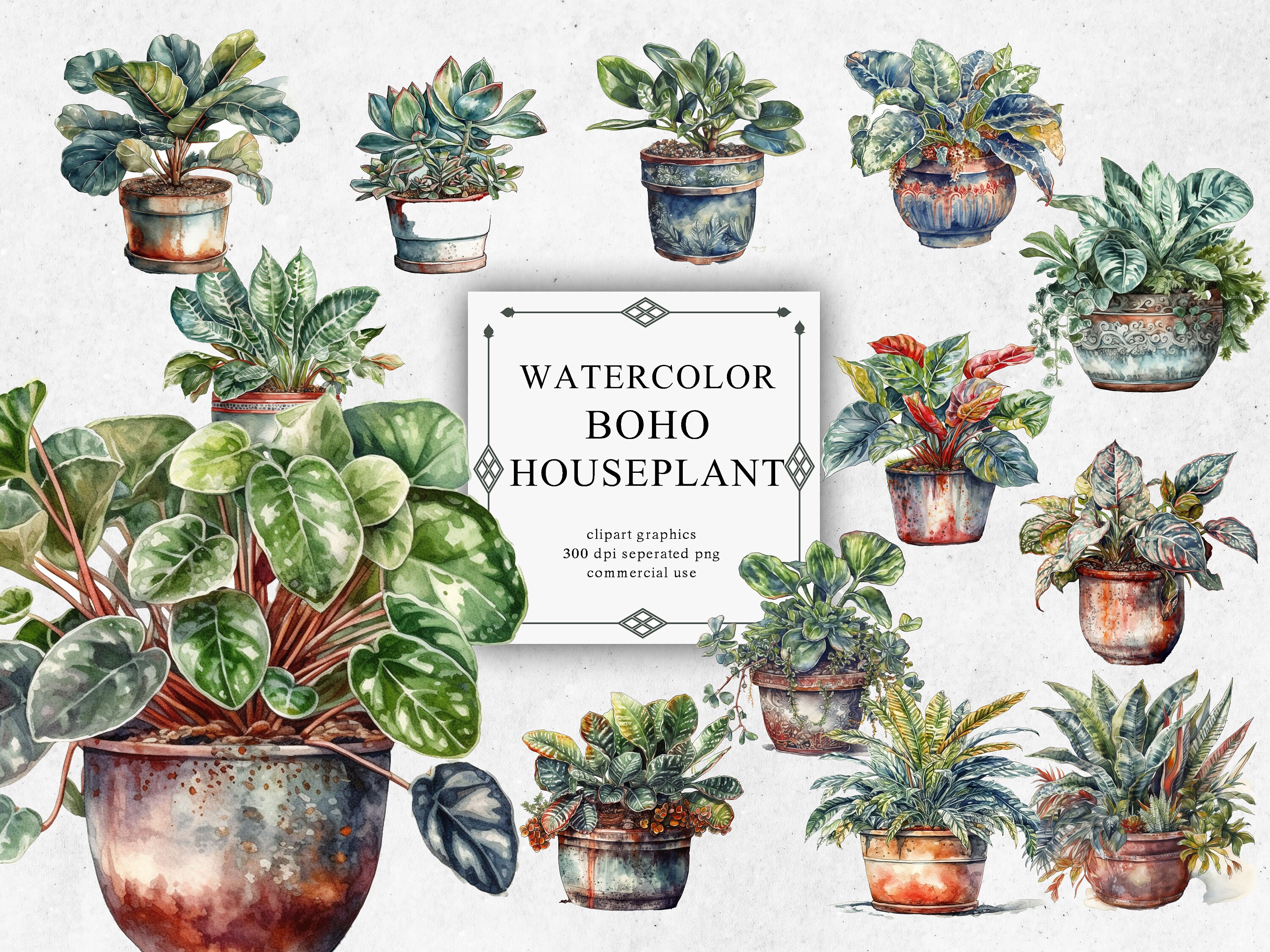 20 Watercolor BOHO Houseplant Clipart - Digital PNG Houseplant ...