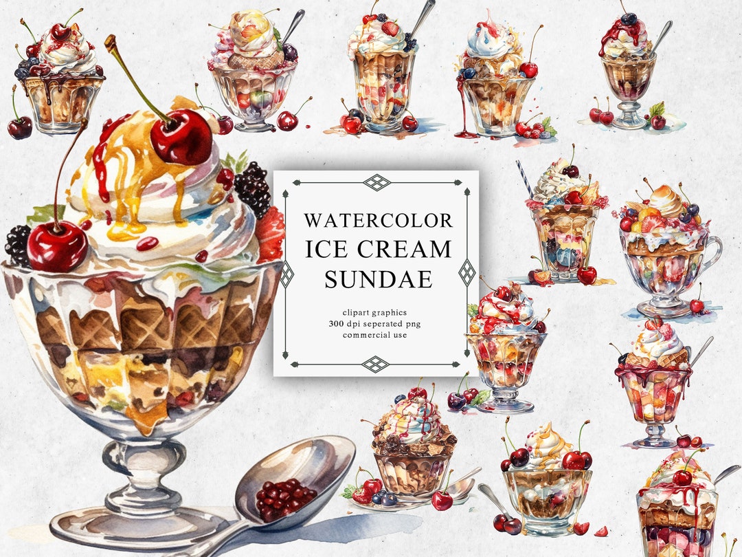 19 Watercolor Icecream Sundae Clipart - Digital PNG Icecream Sundae ...