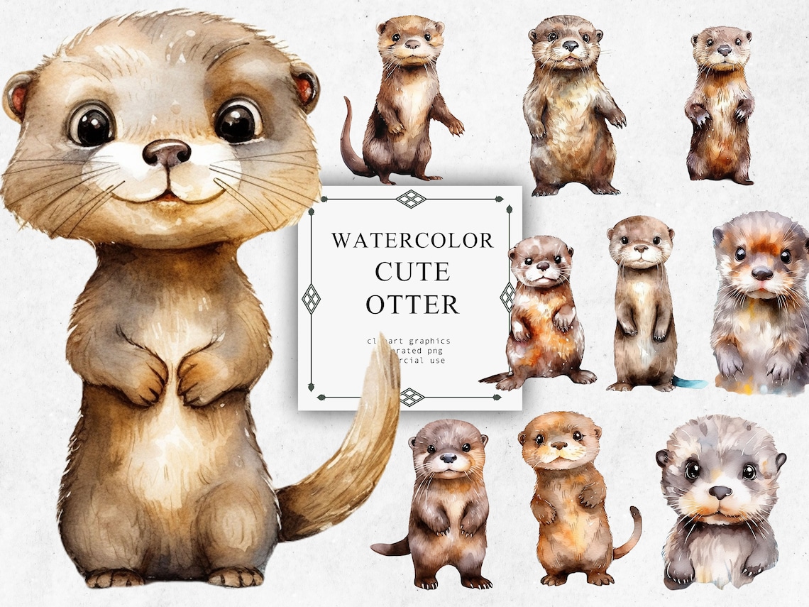 Otter Clipart Set in Transparent PNG Otter Watercolor Digital Image ...