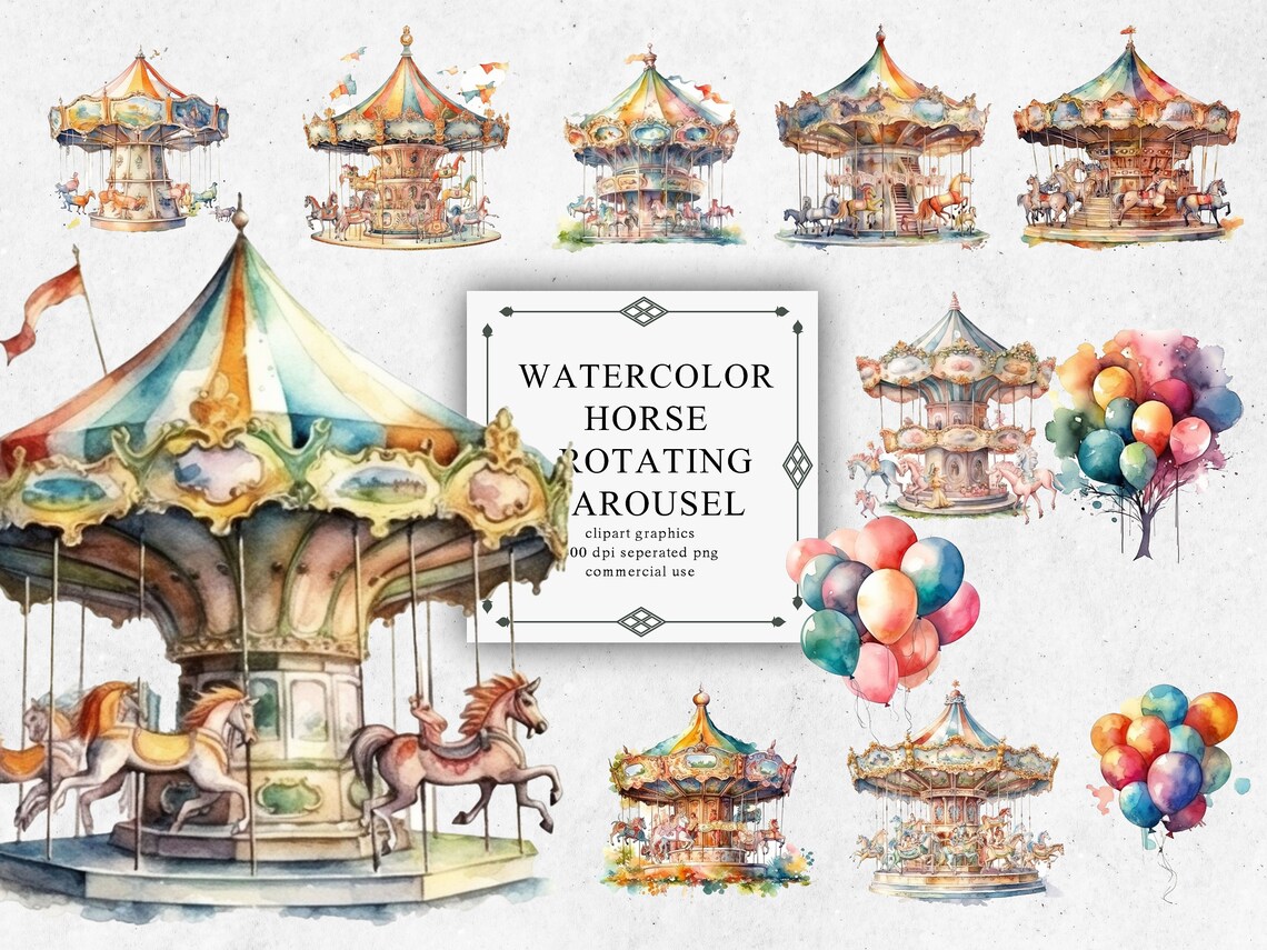 12 Horse Rotating Carousel Clipart Set in Transparent PNG - Horse ...