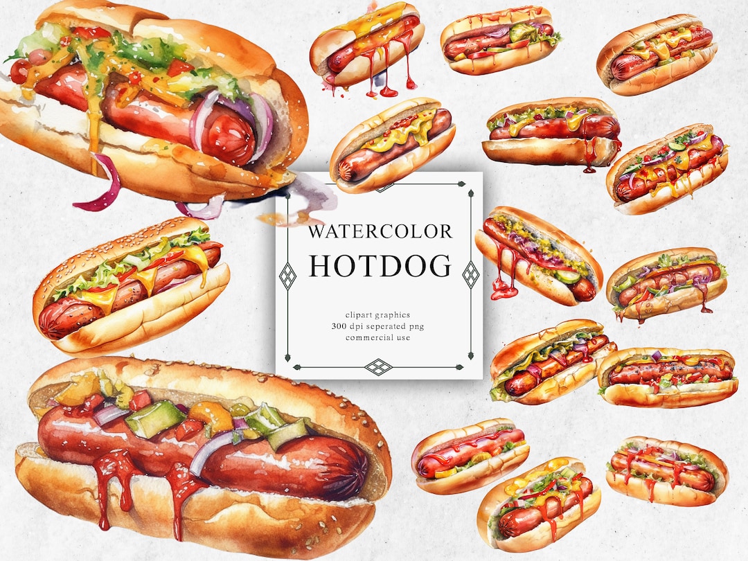 20 Hot Dog Clipart Set in Transparent PNG - Hotdog Watercolor Digital ...