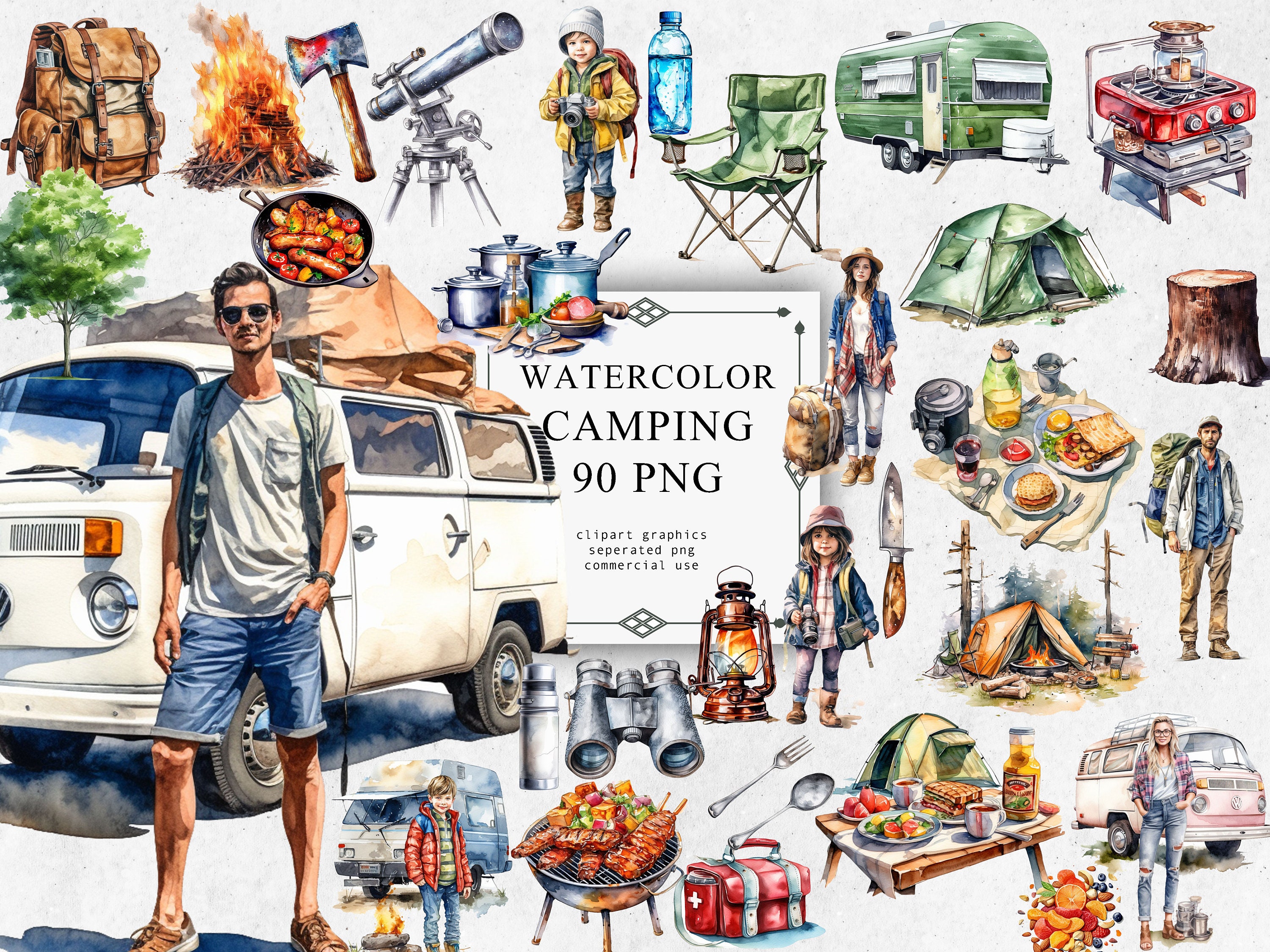 90 Camping Clipart Bundle in Transparent PNG - Camping Watercolor ...