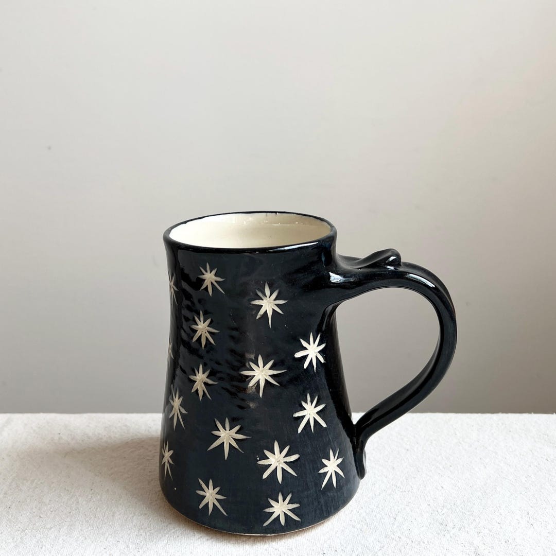 Handmade Pottery Coffee Mug: Carved Star Pattern, Black & White, 16 Oz ...