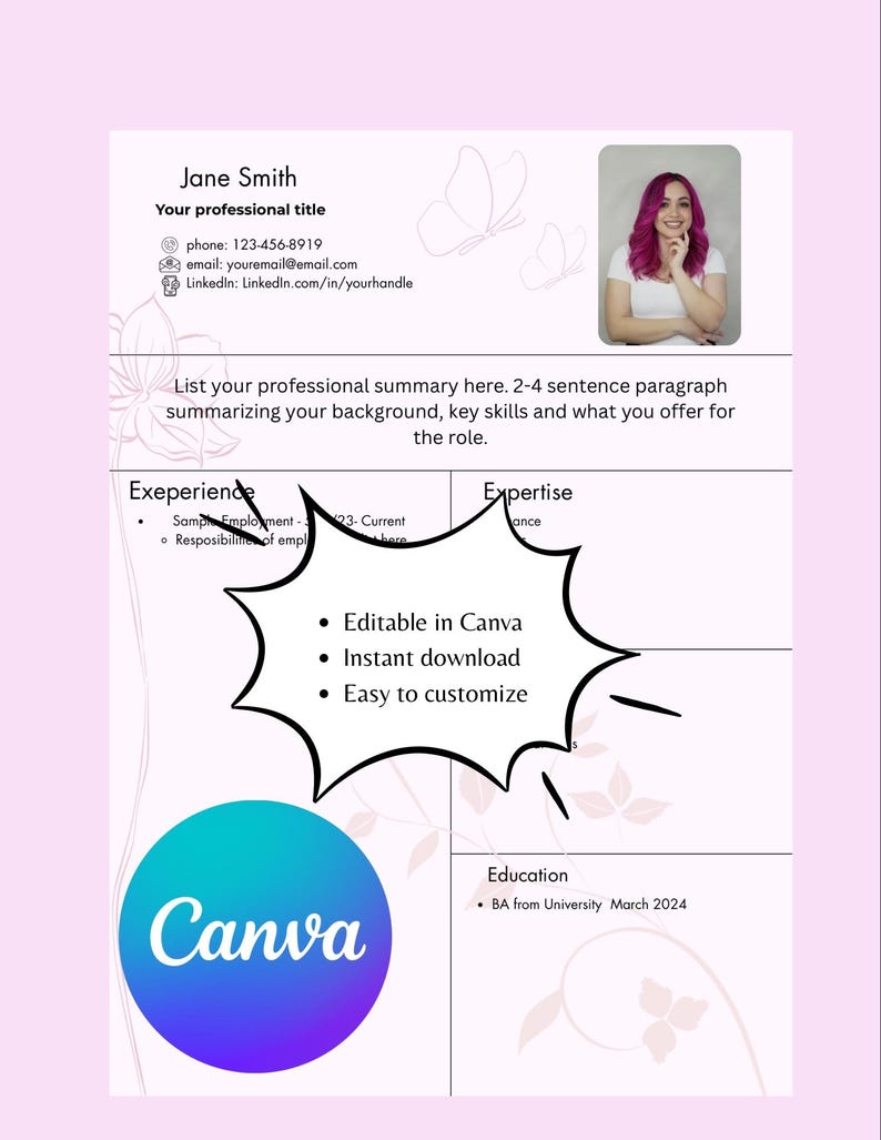 Feminine Resume Template With Photo | Canva Editable CV | Professional ...
