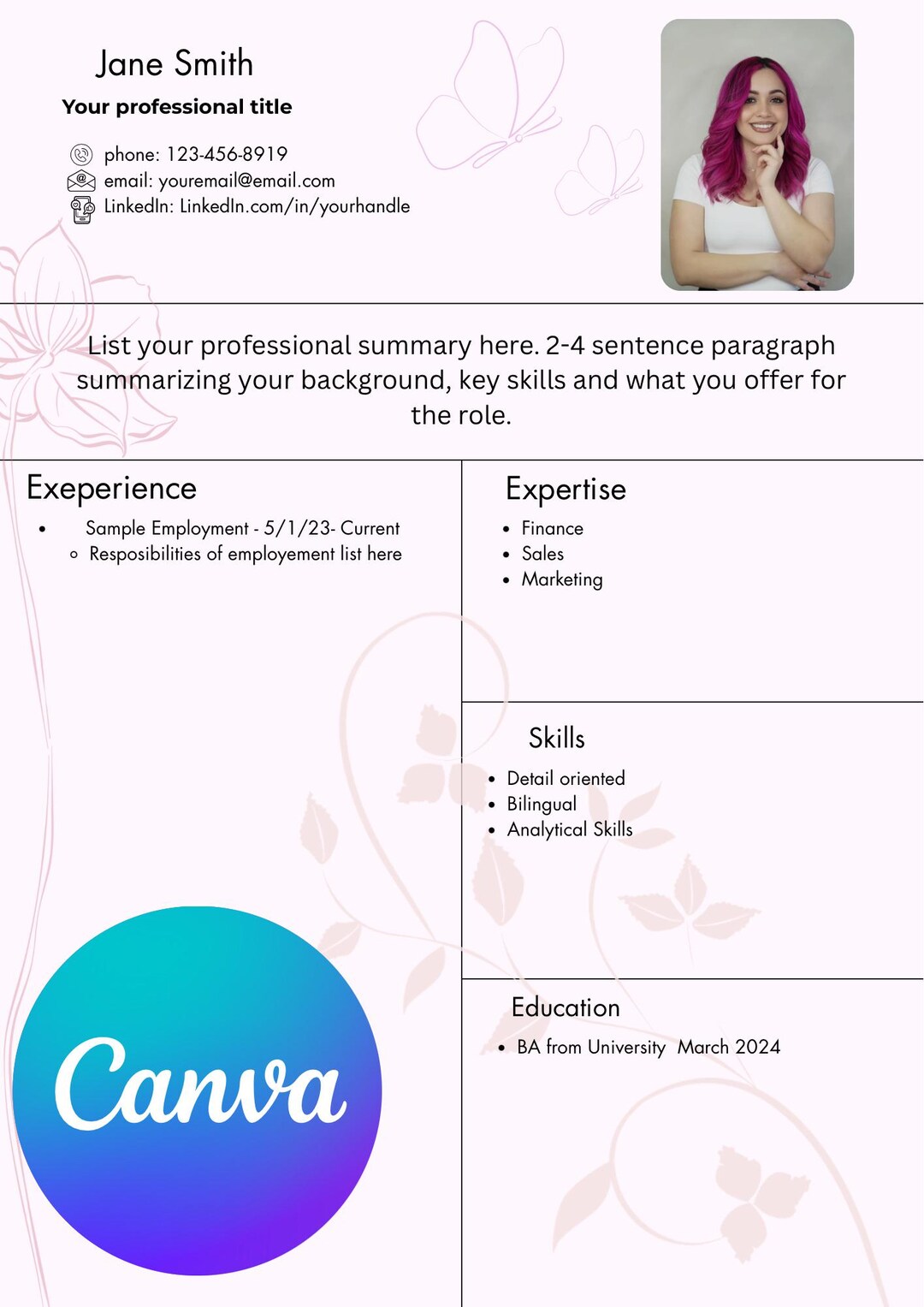 Feminine Resume Template With Photo | Canva Editable CV | Professional ...