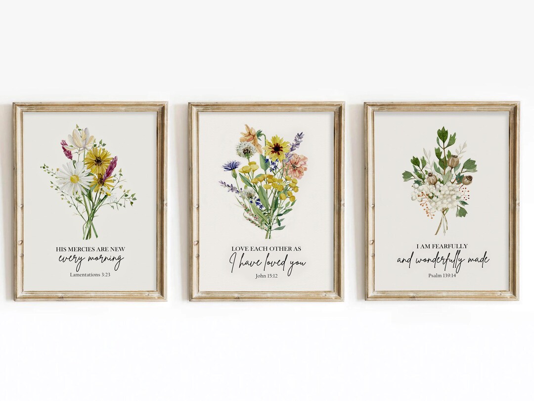 Set of 3 Bible Verse Wall Art, Bible Poster Set, Floral Prints ...