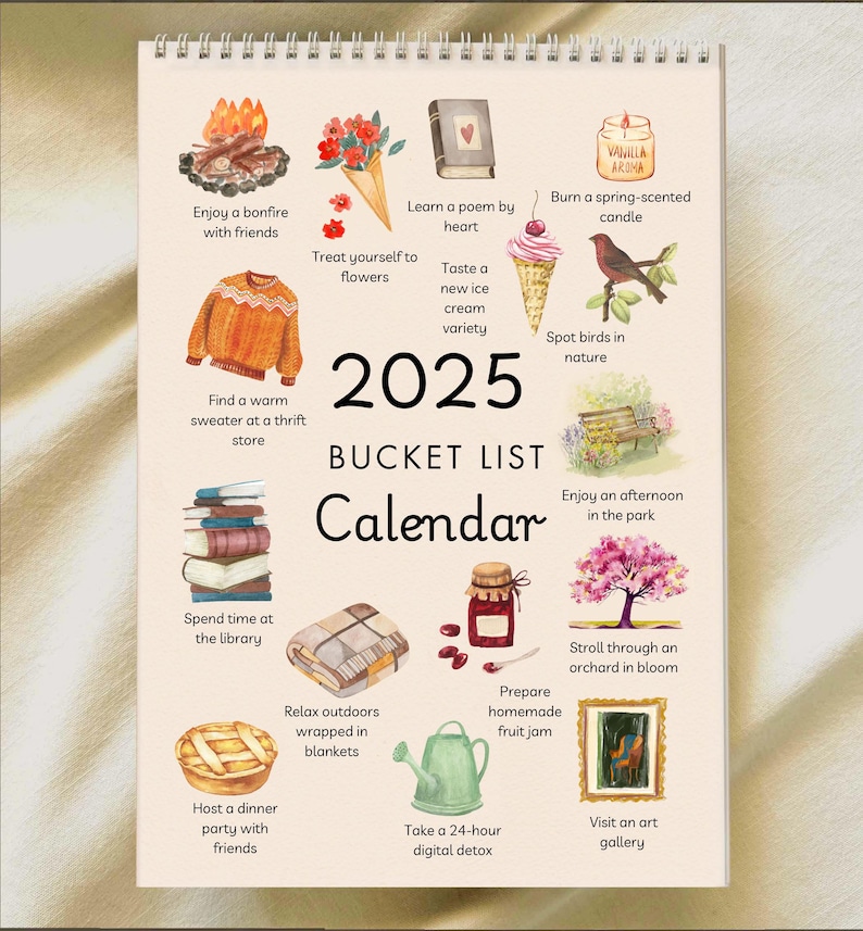 2025 Bucket List Calendar: Watercolor Art, Monthly Themes (digital ...